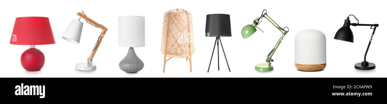 Different stylish lamps on white background Stock Photo - Alamy