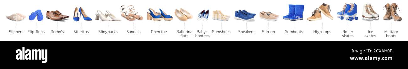 Collection of different shoes on white background Stock Photo - Alamy