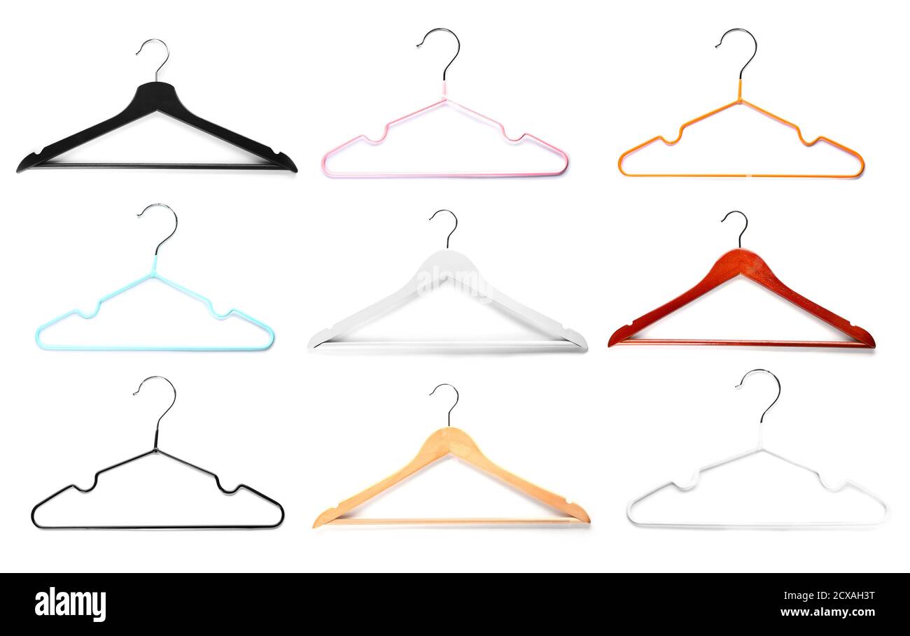 Set of clothes hangers on white background Stock Photo - Alamy