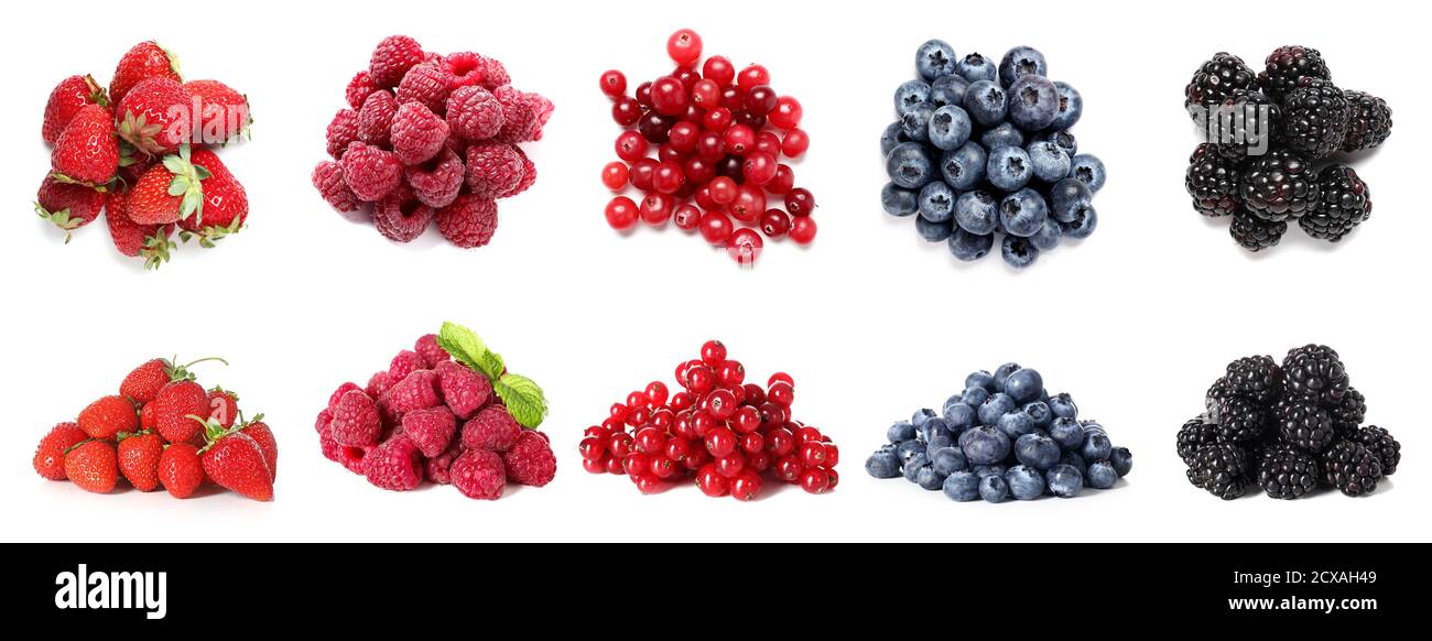 Collage of different tasty berries on white background Stock Photo - Alamy