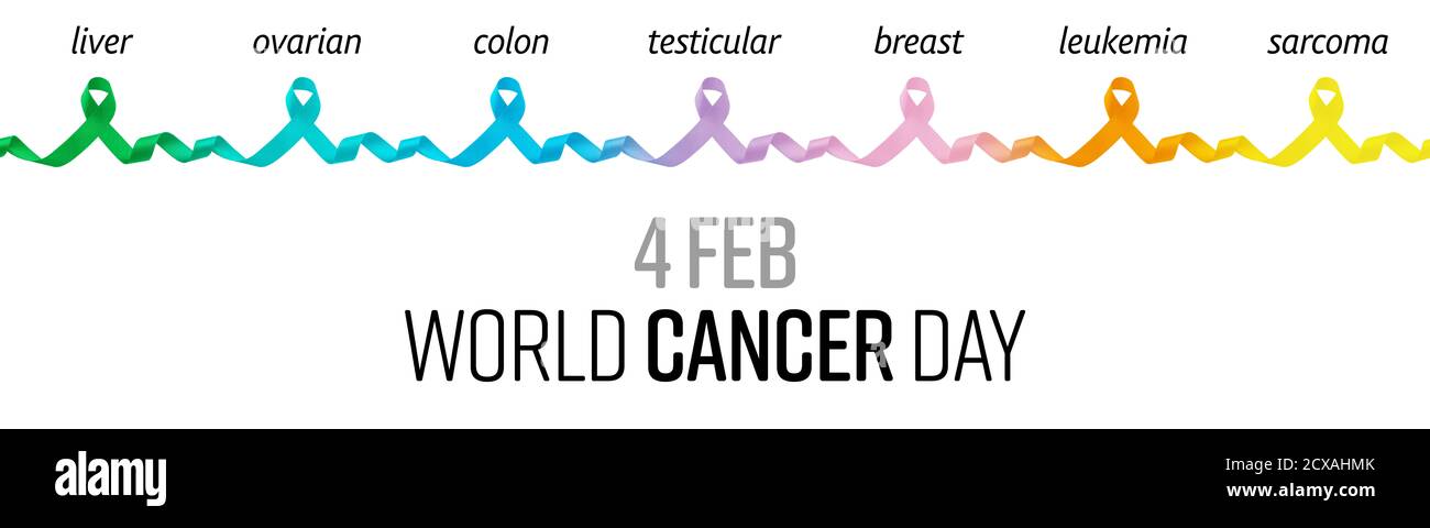 Different awareness ribbons with date of World Cancer Day on white ...