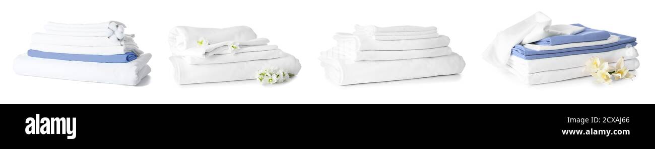 Set of clean bed sheets on white background Stock Photo - Alamy