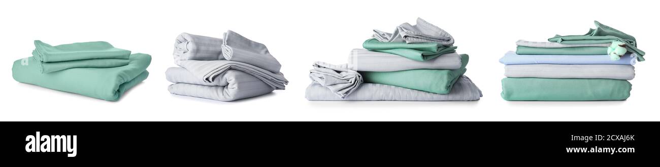 Set of clean bed sheets on white background Stock Photo - Alamy