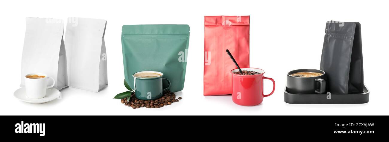 Different paper bags for coffee on white background Stock Photo - Alamy