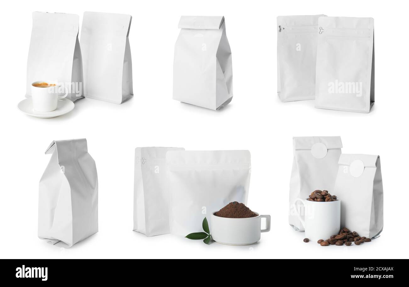 Collage with paper bags for coffee on white background Stock Photo - Alamy