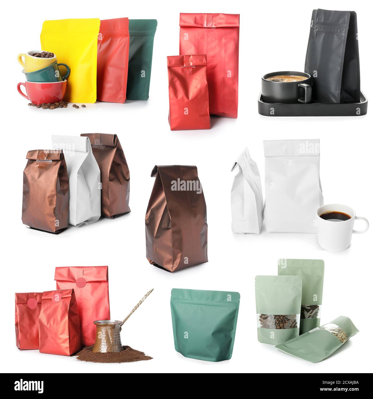Collage with different paper bags for coffee on white background Stock ...