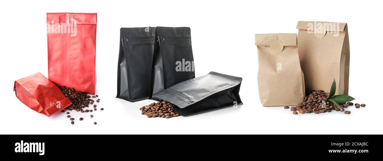 Different paper bags for coffee on white background Stock Photo - Alamy