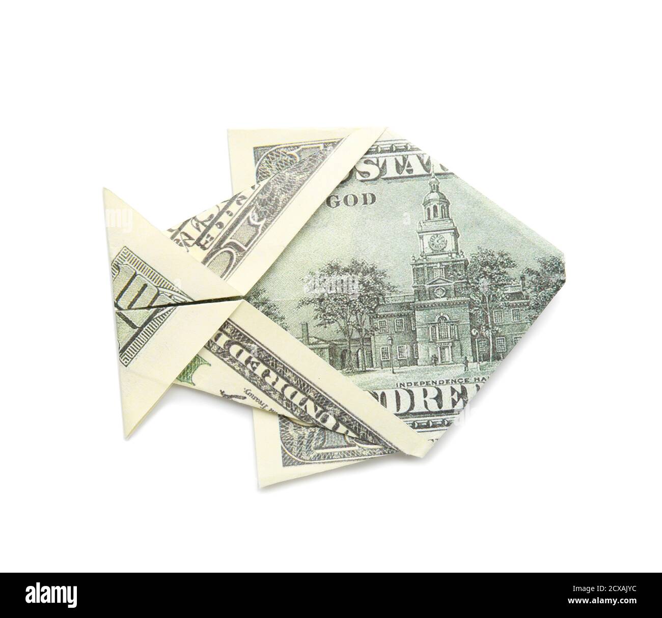 Origami fish made of dollar banknote on white background Stock Photo ...