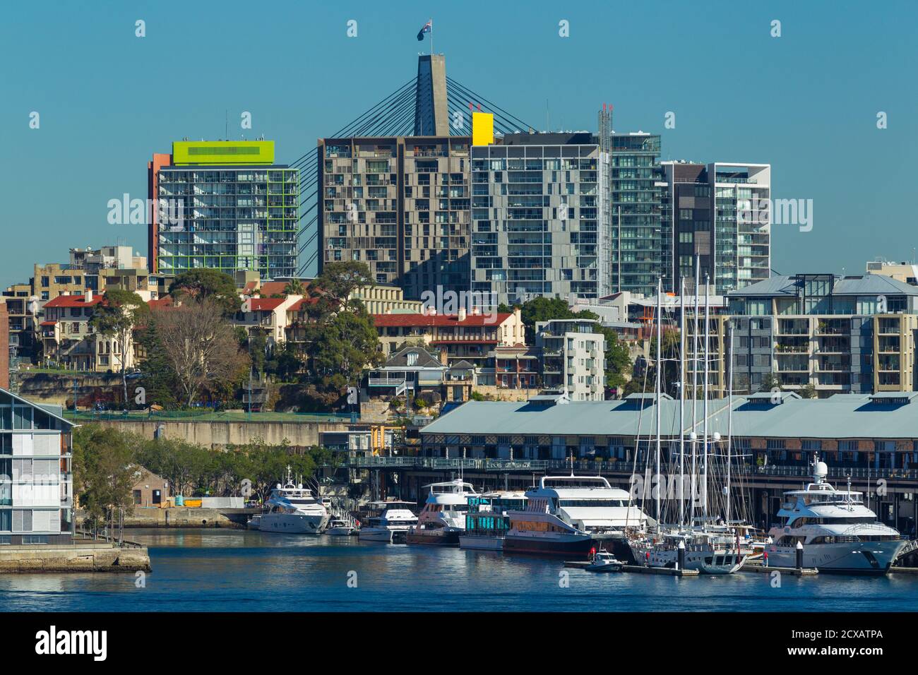 A water view of Pyrmont in Sydney, NSW, Australia, with the Anzac ...