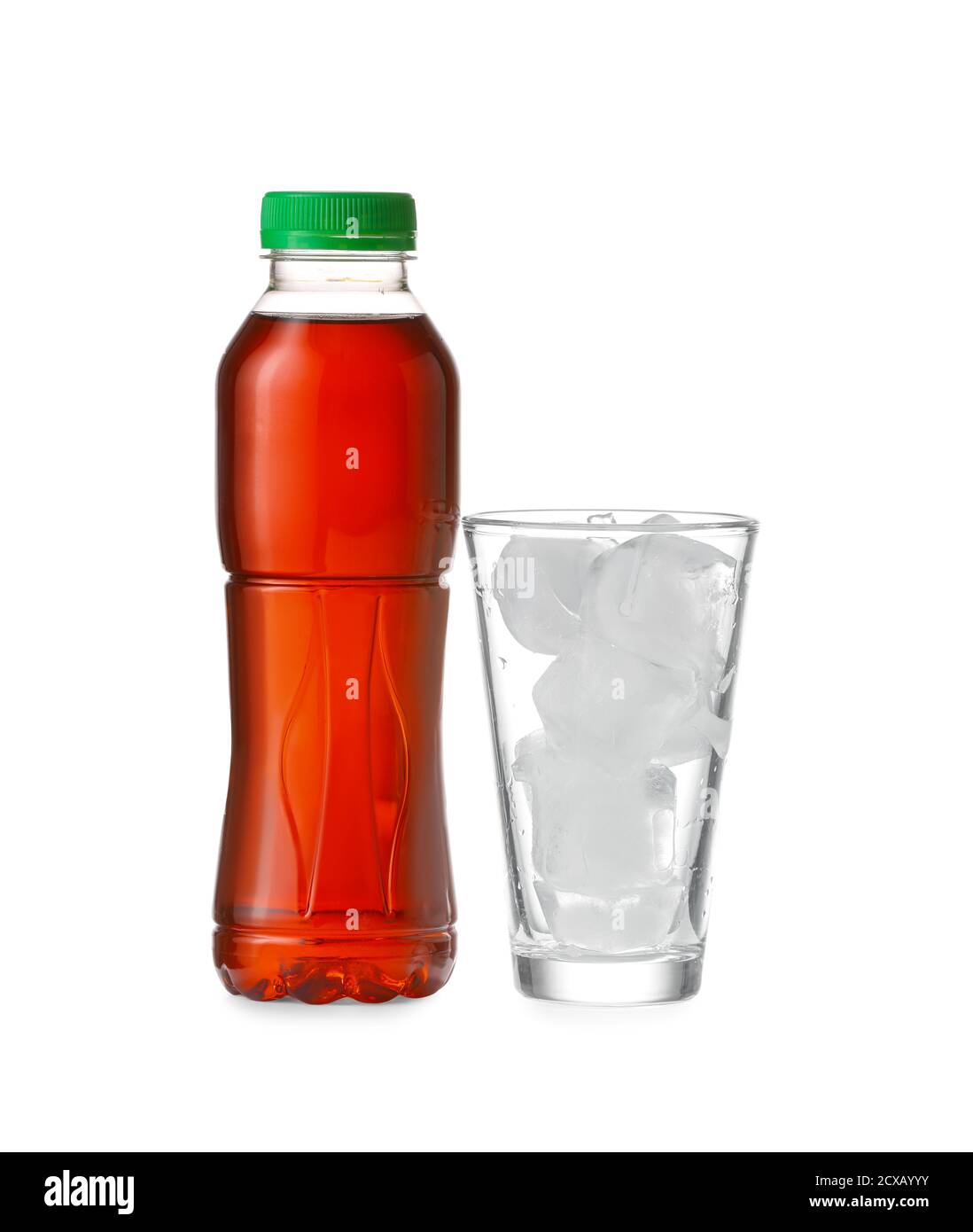 Bottle of fresh tea and glass with ice on white background Stock Photo ...