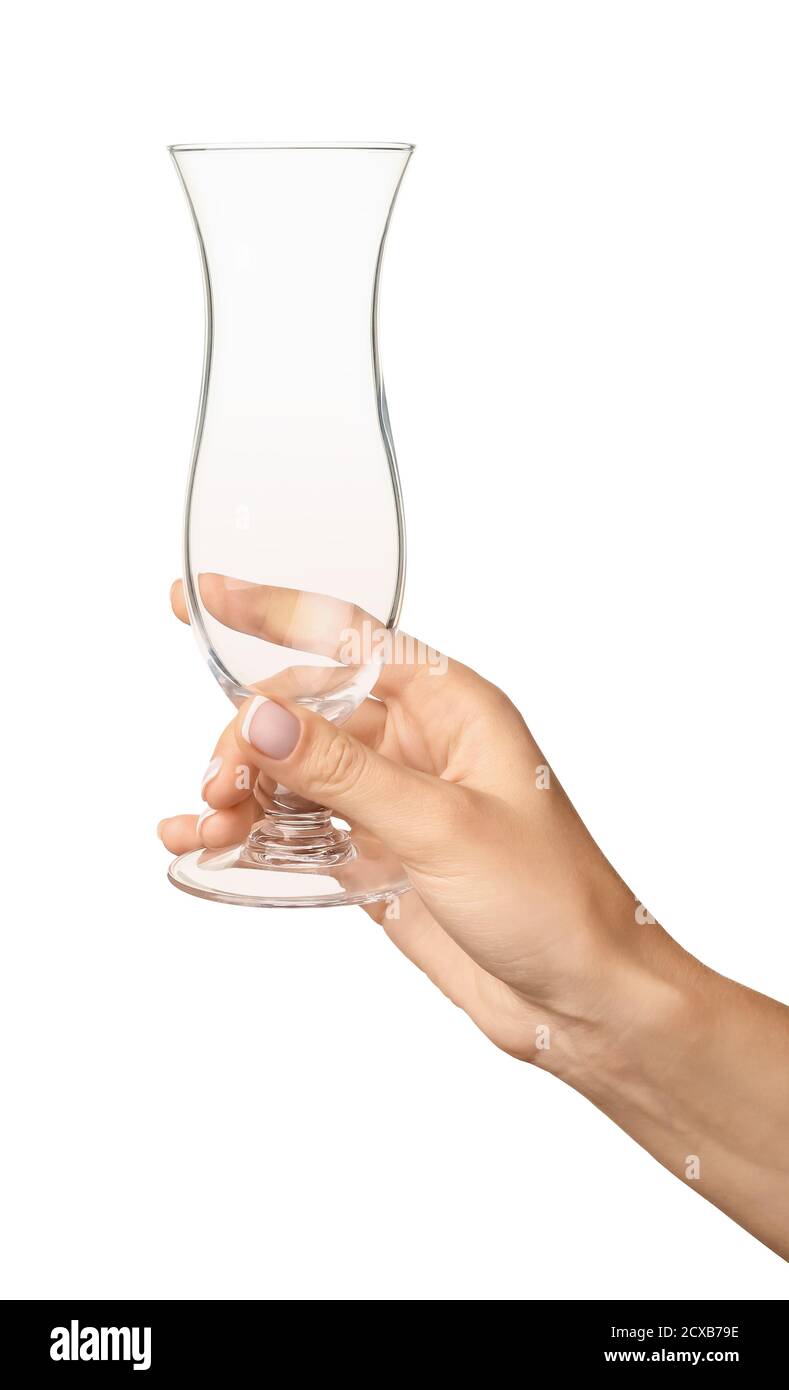Hand with empty glass on white background Stock Photo - Alamy