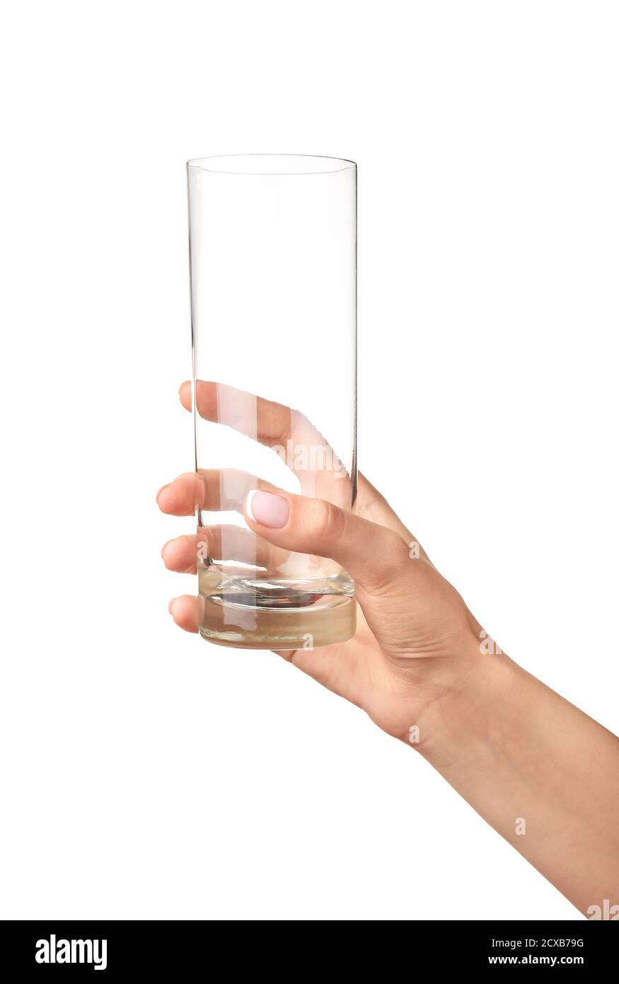 Hand with empty glass on white background Stock Photo - Alamy