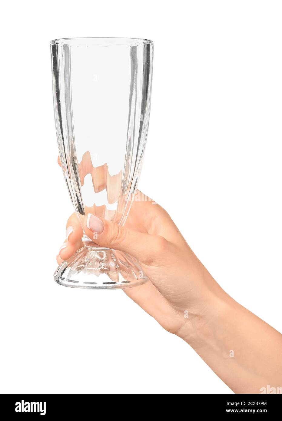 Hand with empty glass on white background Stock Photo - Alamy