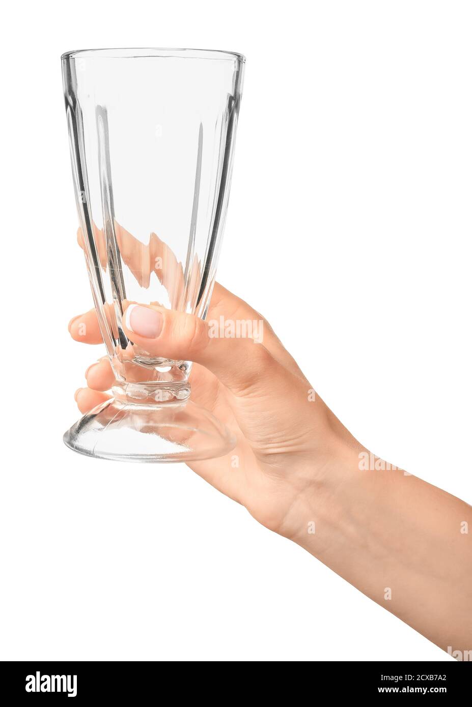 Hand with empty glass on white background Stock Photo - Alamy