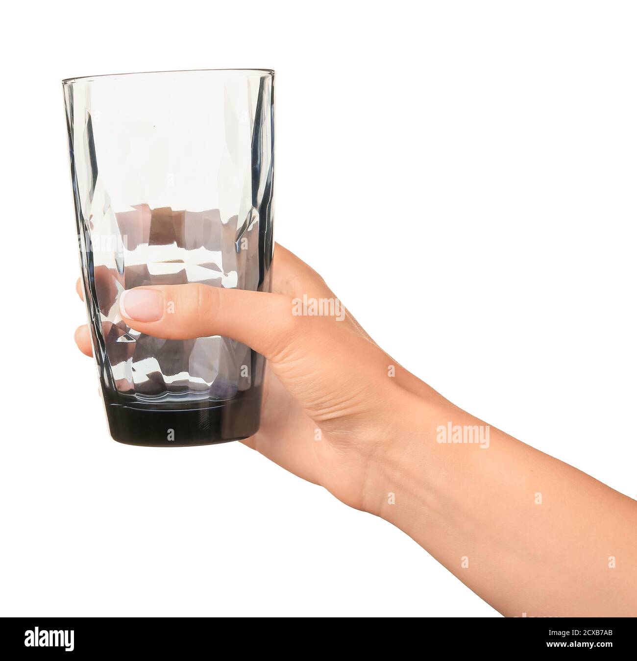 Hand with empty glass on white background Stock Photo - Alamy