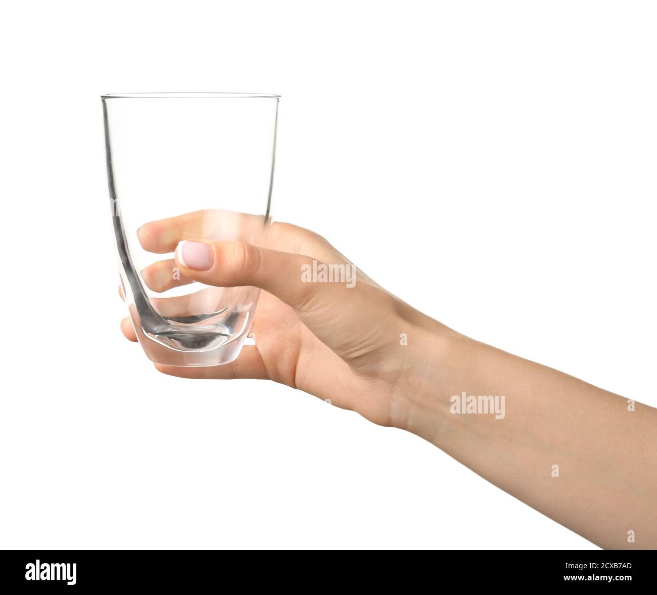 Hand with empty glass on white background Stock Photo - Alamy