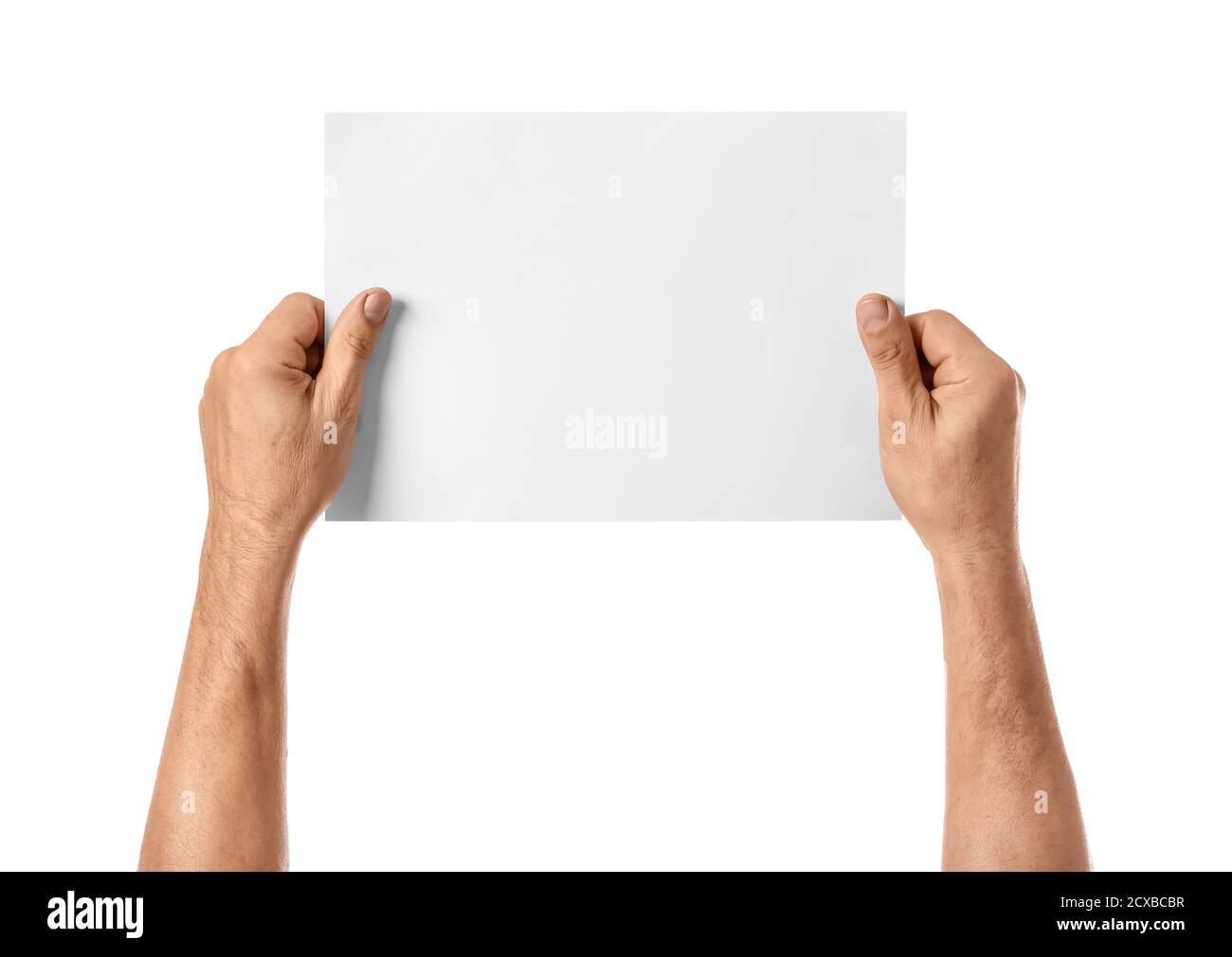 Male hands with blank paper on white background Stock Photo - Alamy