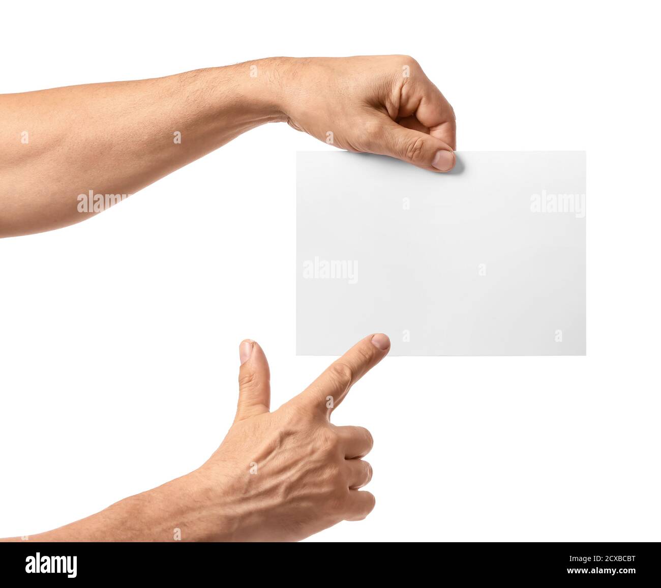 Male hands with blank paper on white background Stock Photo - Alamy