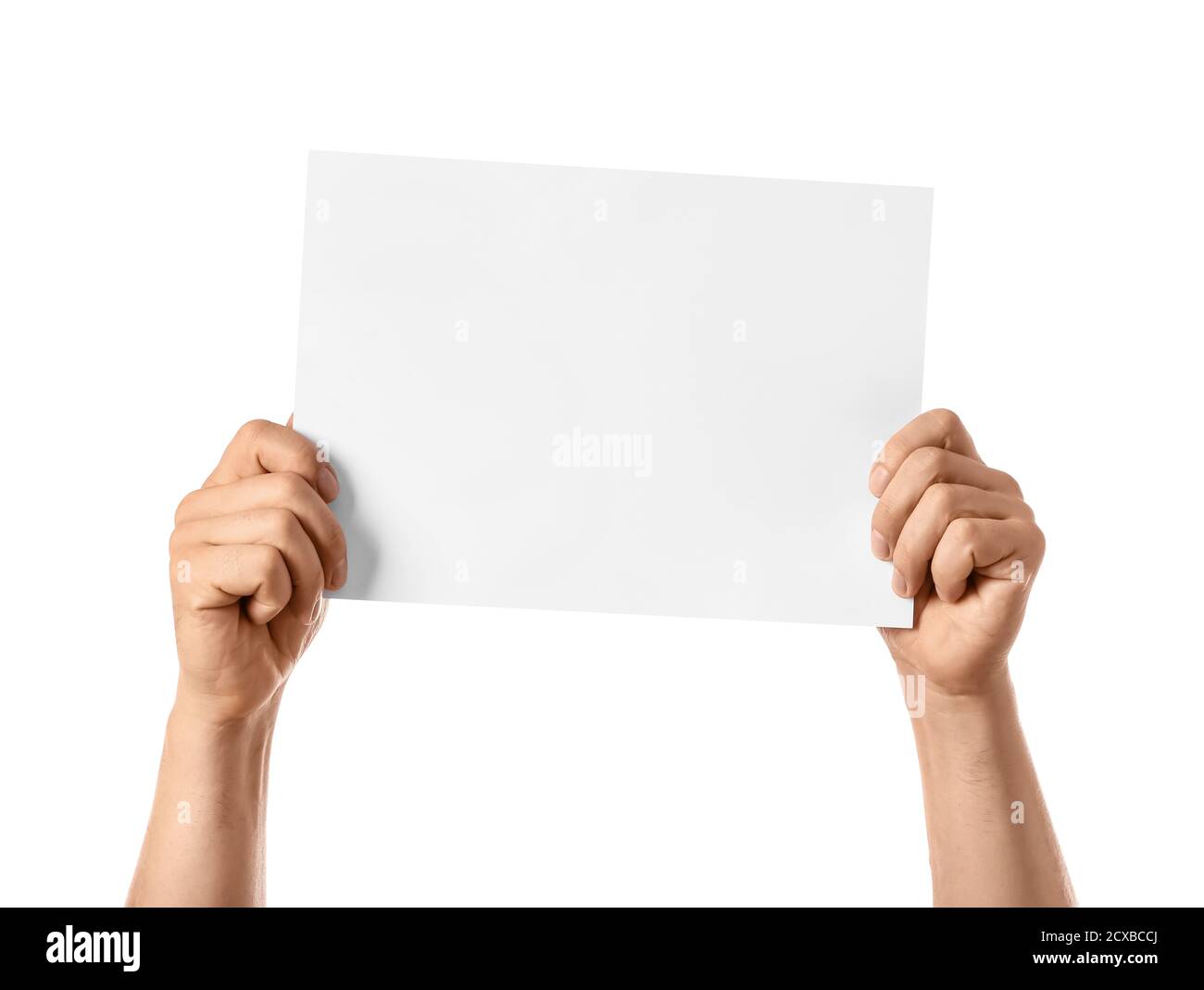 Male hands with blank paper on white background Stock Photo - Alamy