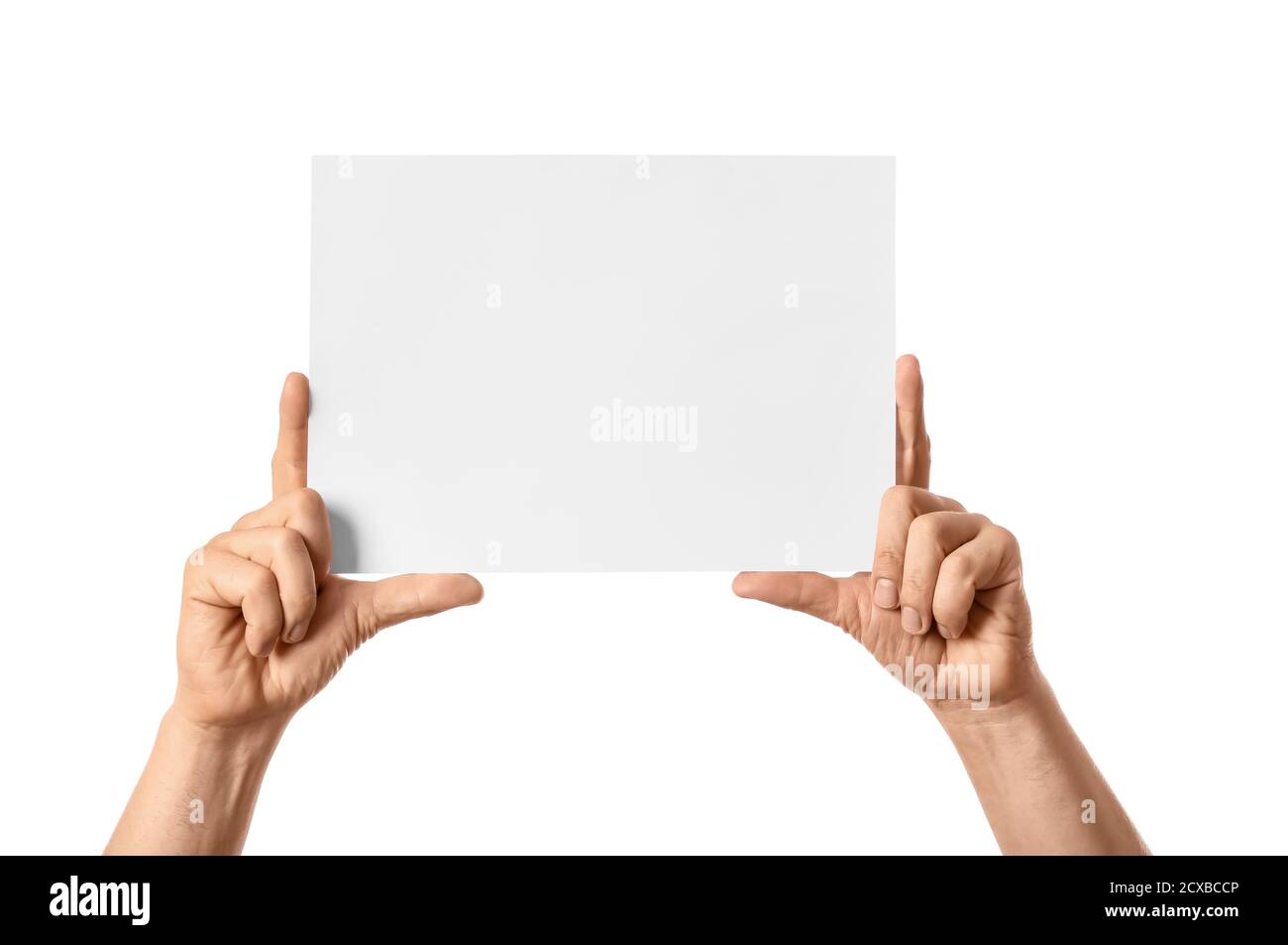 Male hands with blank paper on white background Stock Photo - Alamy