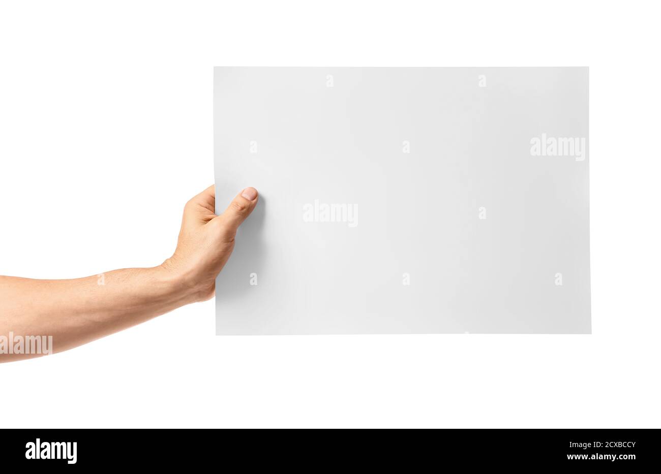 Male hand with blank paper on white background Stock Photo - Alamy