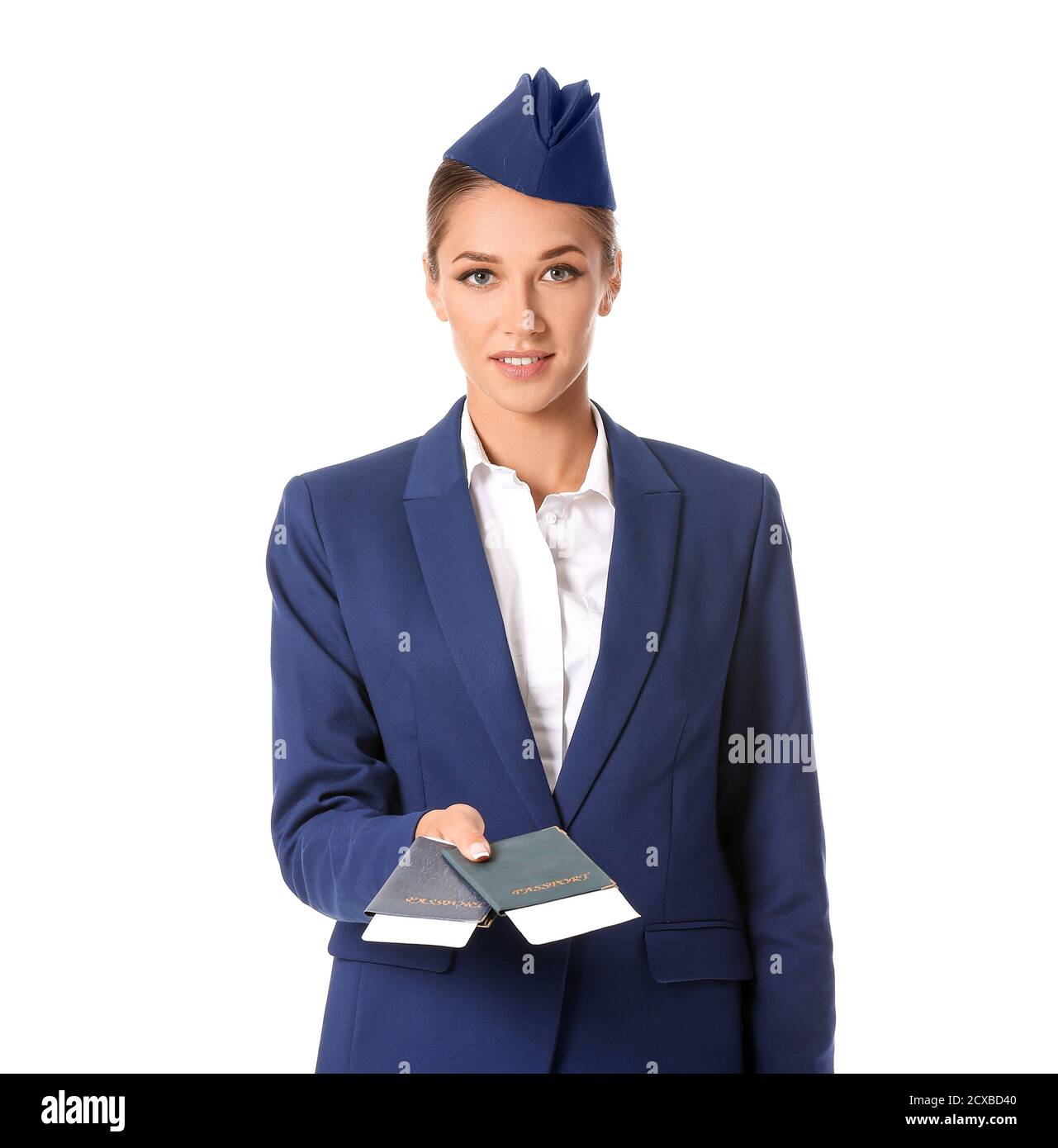 Beautiful stewardess with documents on white background Stock Photo - Alamy