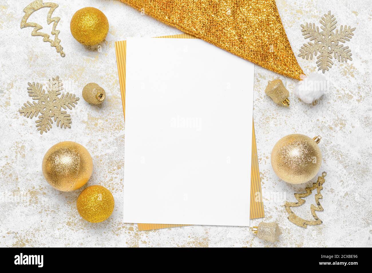 Beautiful Christmas decorations with empty card on white background ...