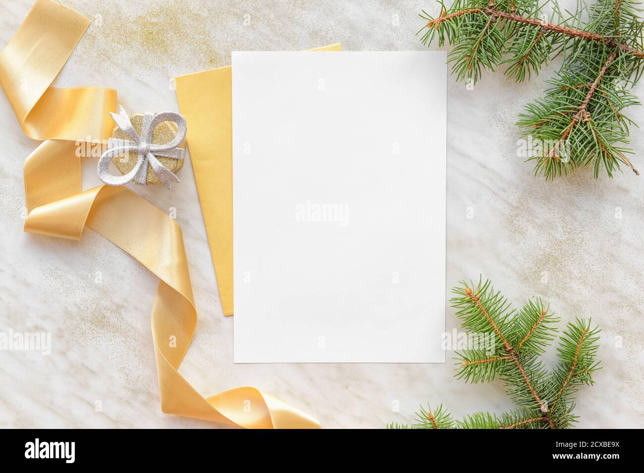 Beautiful Christmas decorations with empty card on white background ...