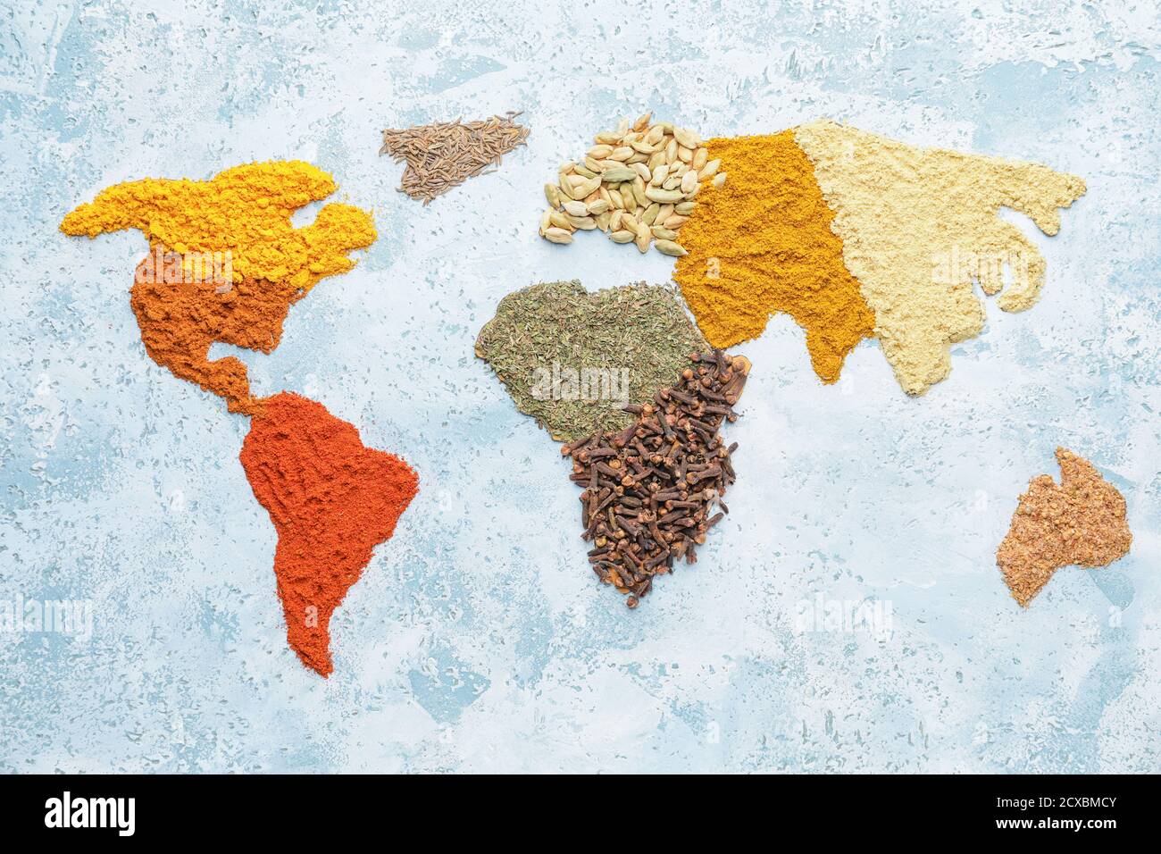 World map made of different spices on light background Stock Photo - Alamy