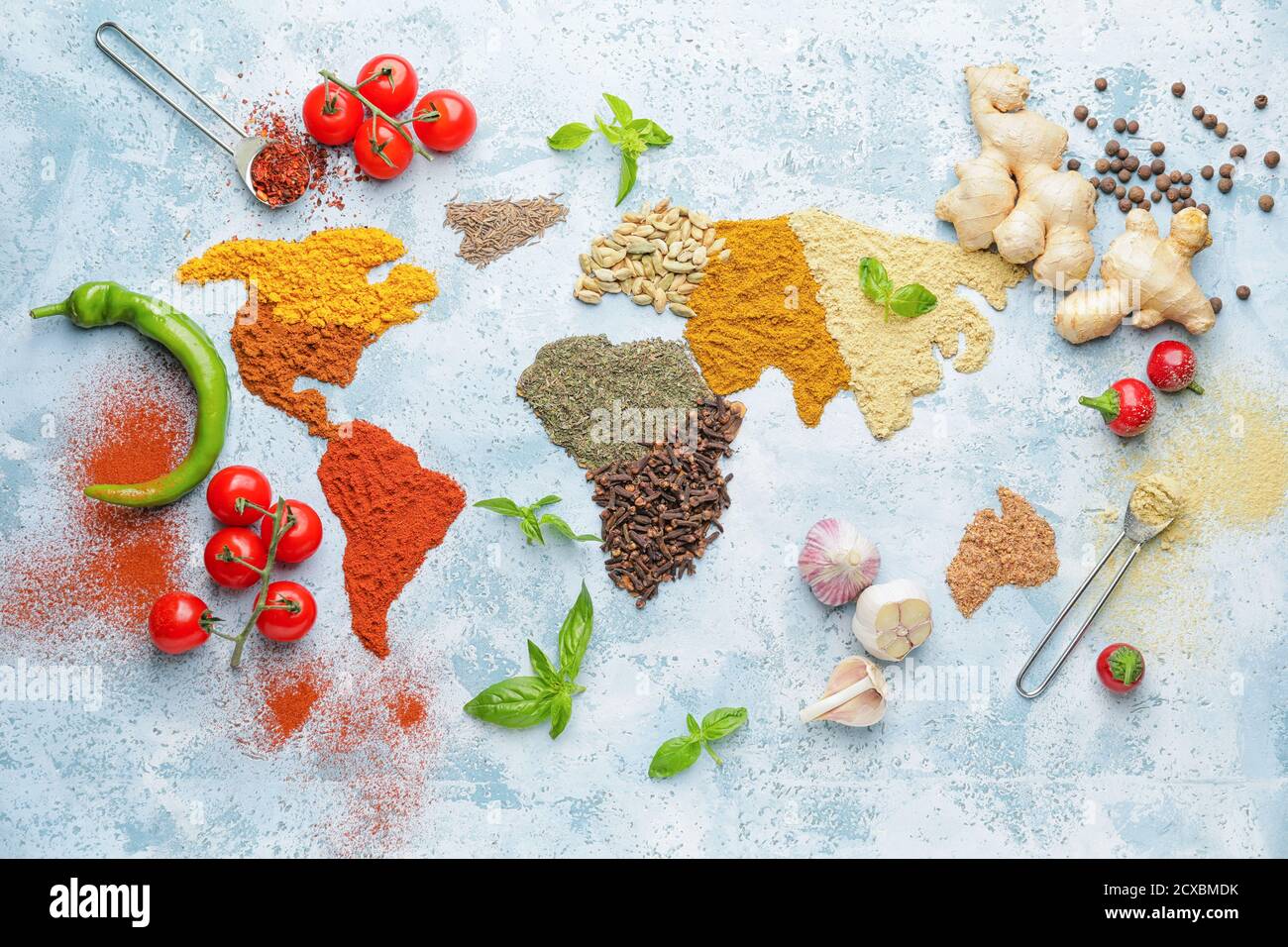 World map made of different spices on light background Stock Photo - Alamy