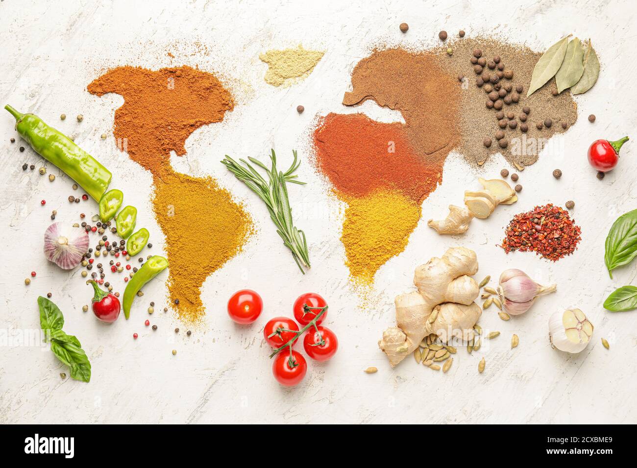 World map made of different spices on light background Stock Photo - Alamy