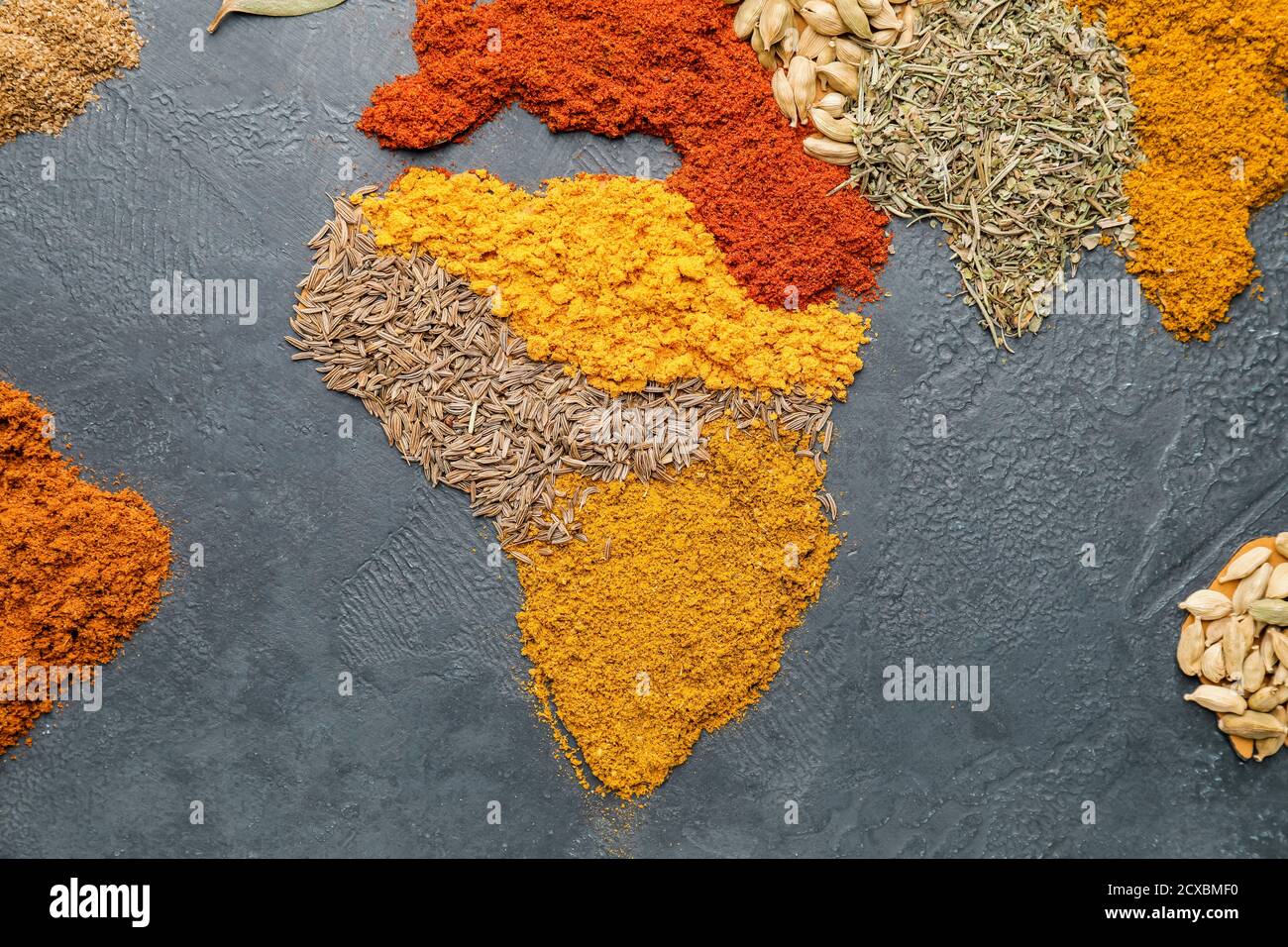 World map made of different spices on grey background Stock Photo - Alamy