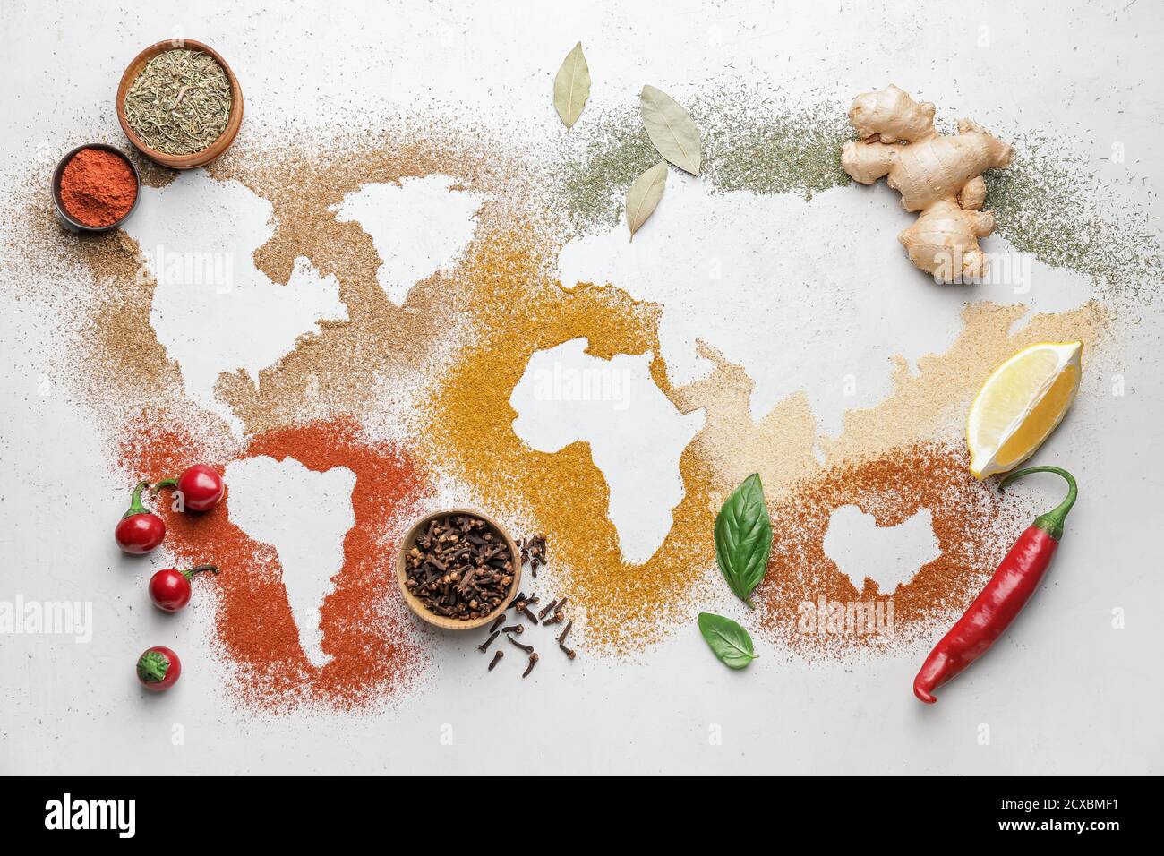 World map made of different spices on light background Stock Photo - Alamy