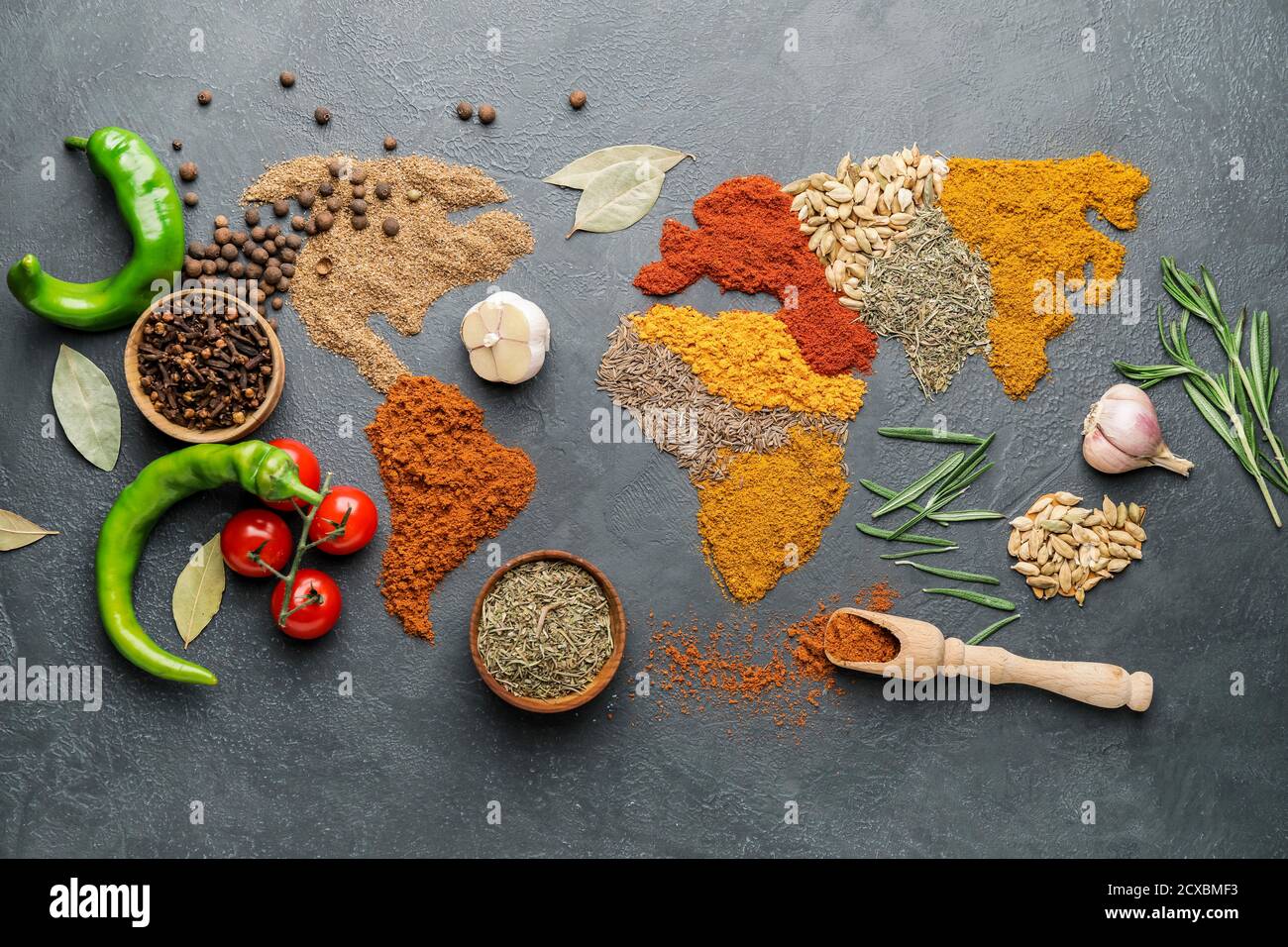World map made of different spices on grey background Stock Photo - Alamy