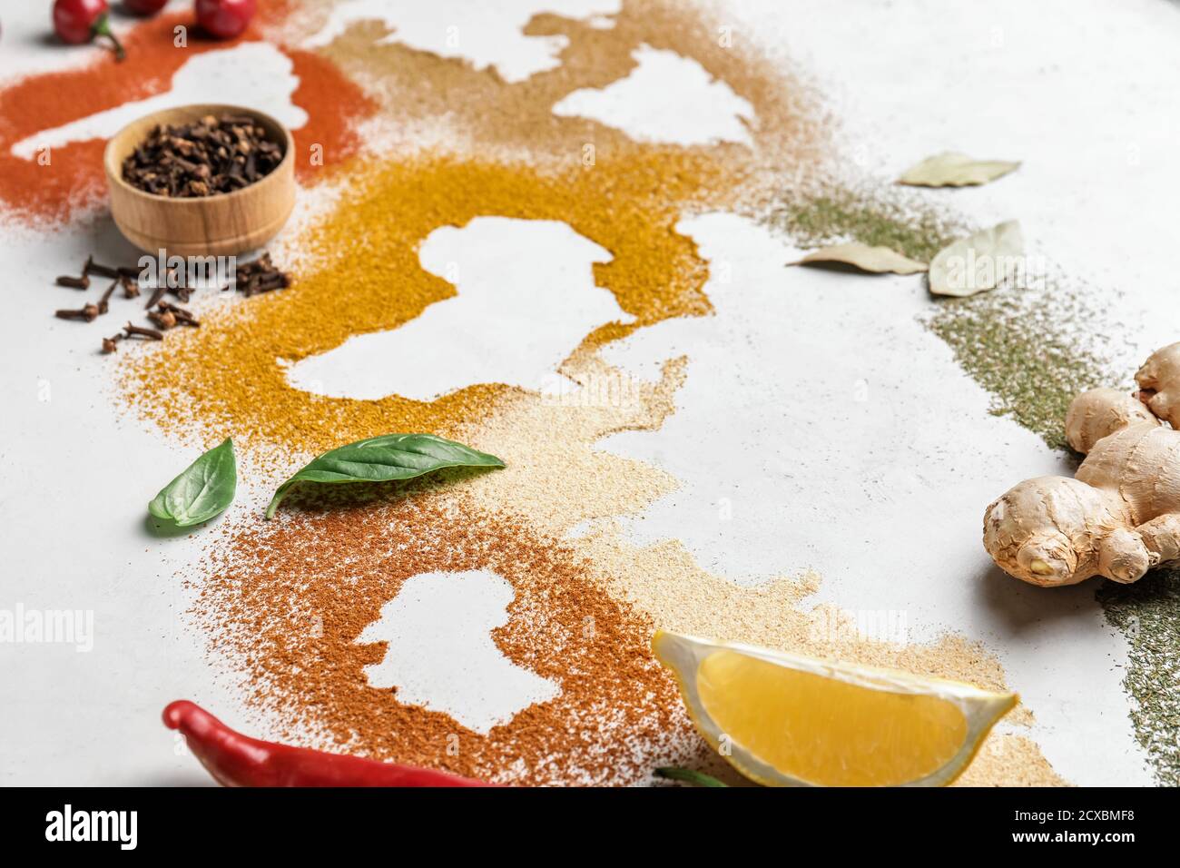World map made of different spices on light background Stock Photo - Alamy