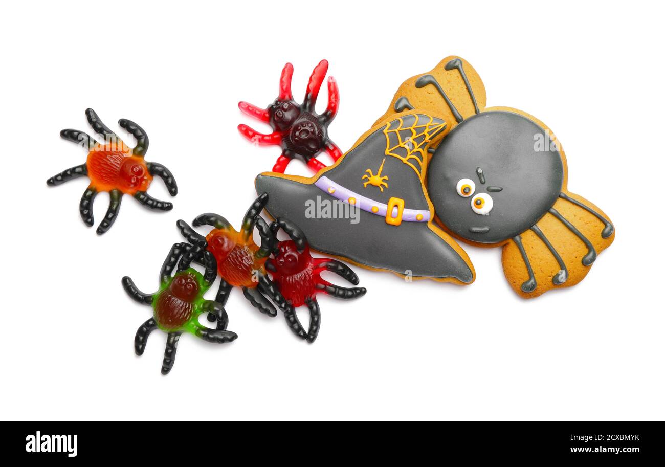 Tasty scary candies and cookies for Halloween on white background Stock ...