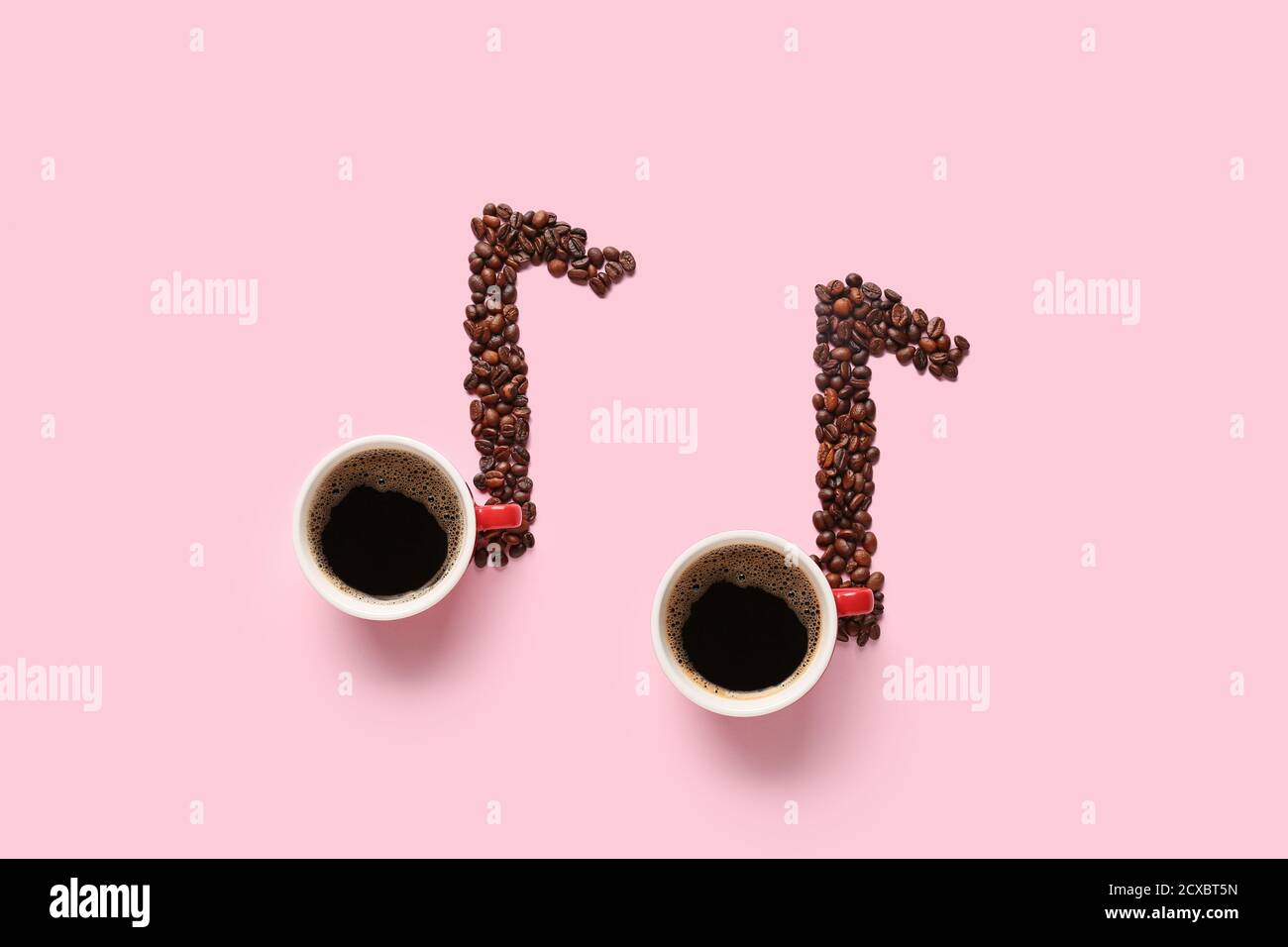 Music notes made of cups of coffee and beans on color background Stock ...