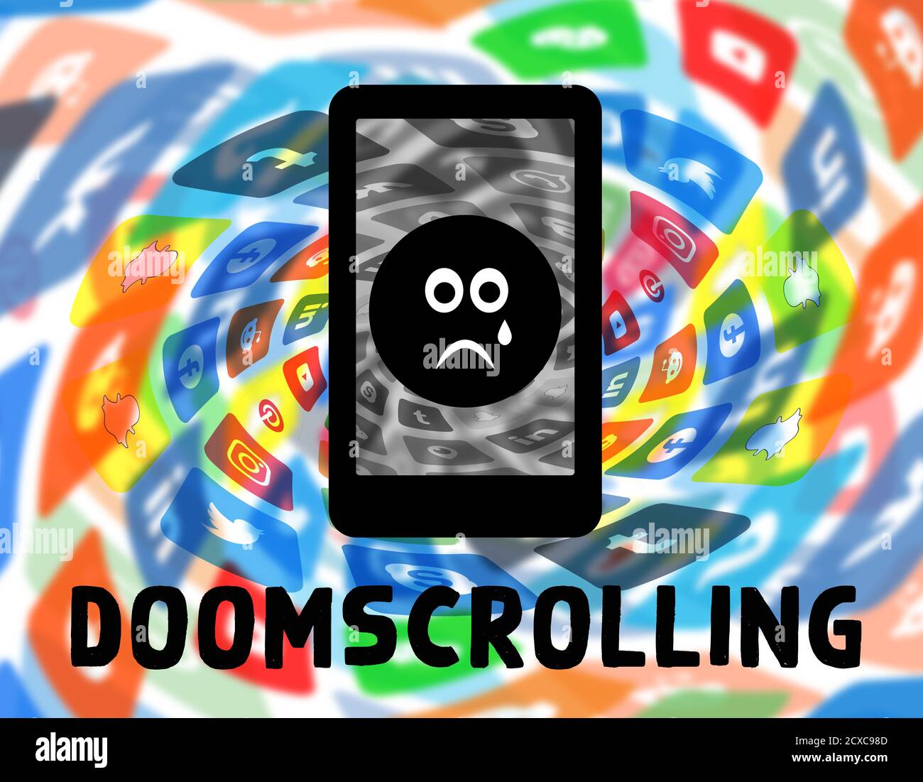 Doomscrolling or doom surfing concept illustration, continuing to search or scroll through bad ...