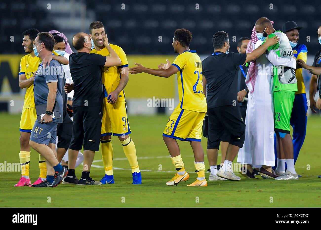 Doha, Qatar. 30th Sep, 2020. Players of Al Nassr celebrate after ...