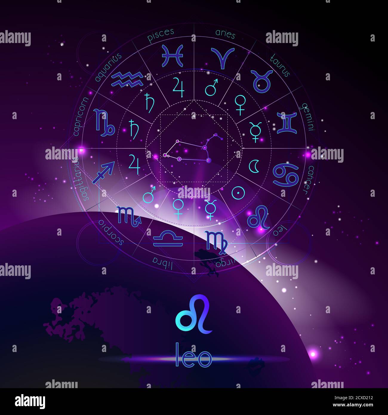 Vector illustration of sign and constellation LEO and Horoscope circle ...