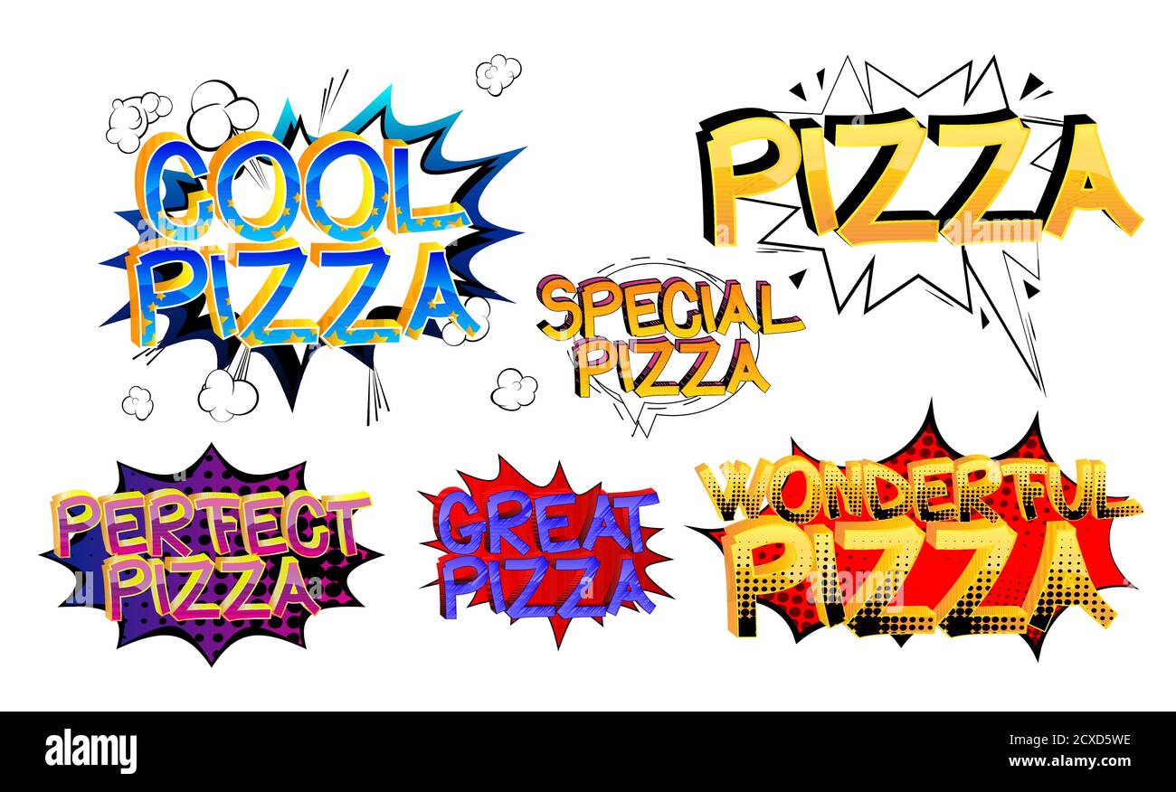 Pizza Comic book style cartoon words on abstract comics background ...