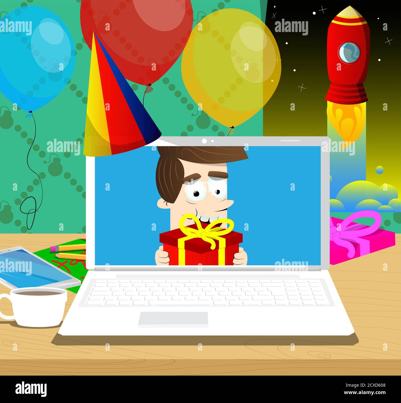 Boy sharing gift through a video call. Vector cartoon character ...