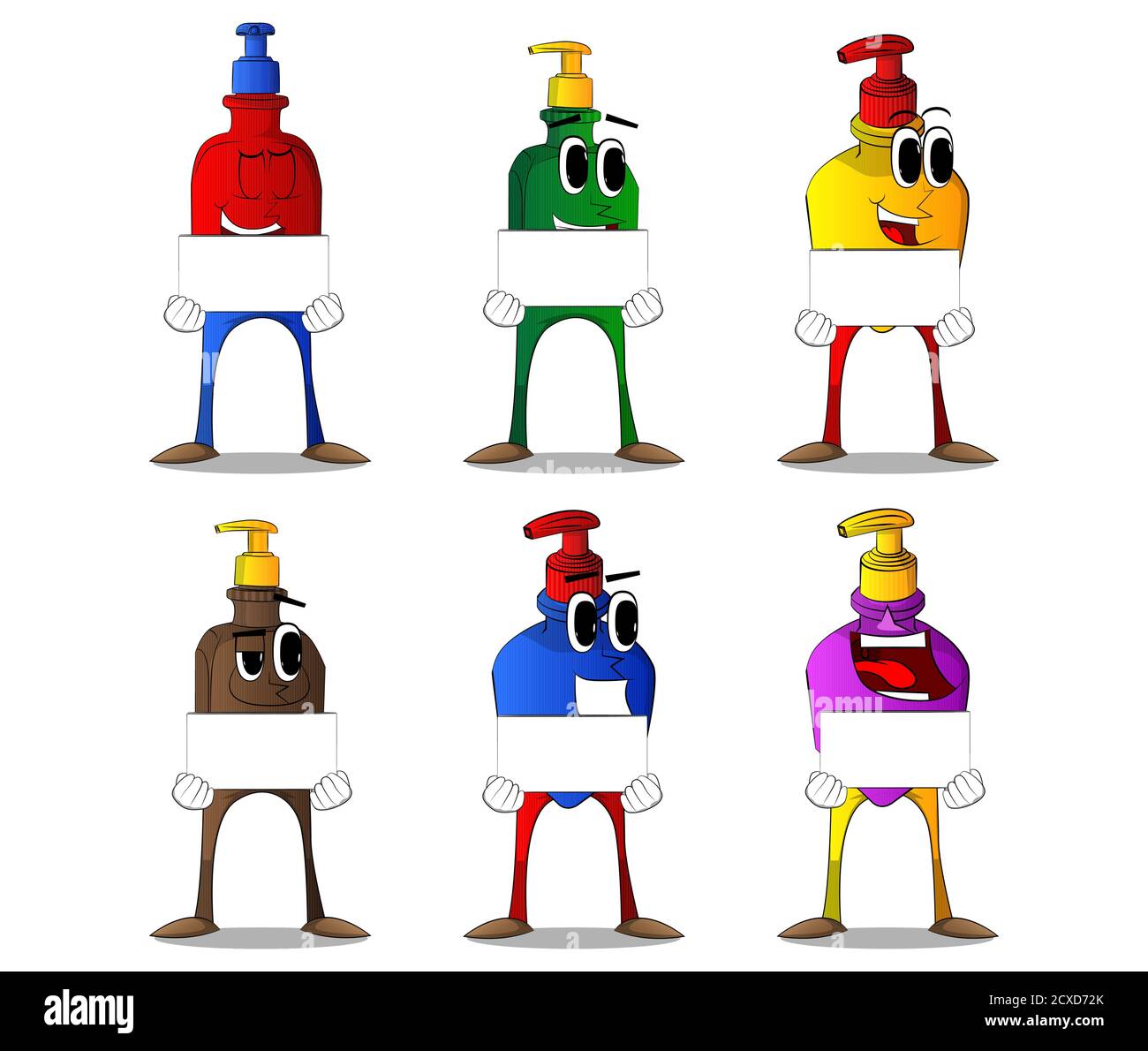 Cartoon bottle of hand sanitizer gel for hygiene with face holding big ...