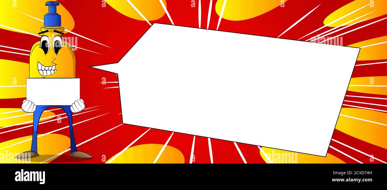 Cartoon bottle of hand sanitizer gel for hygiene with face holding big ...