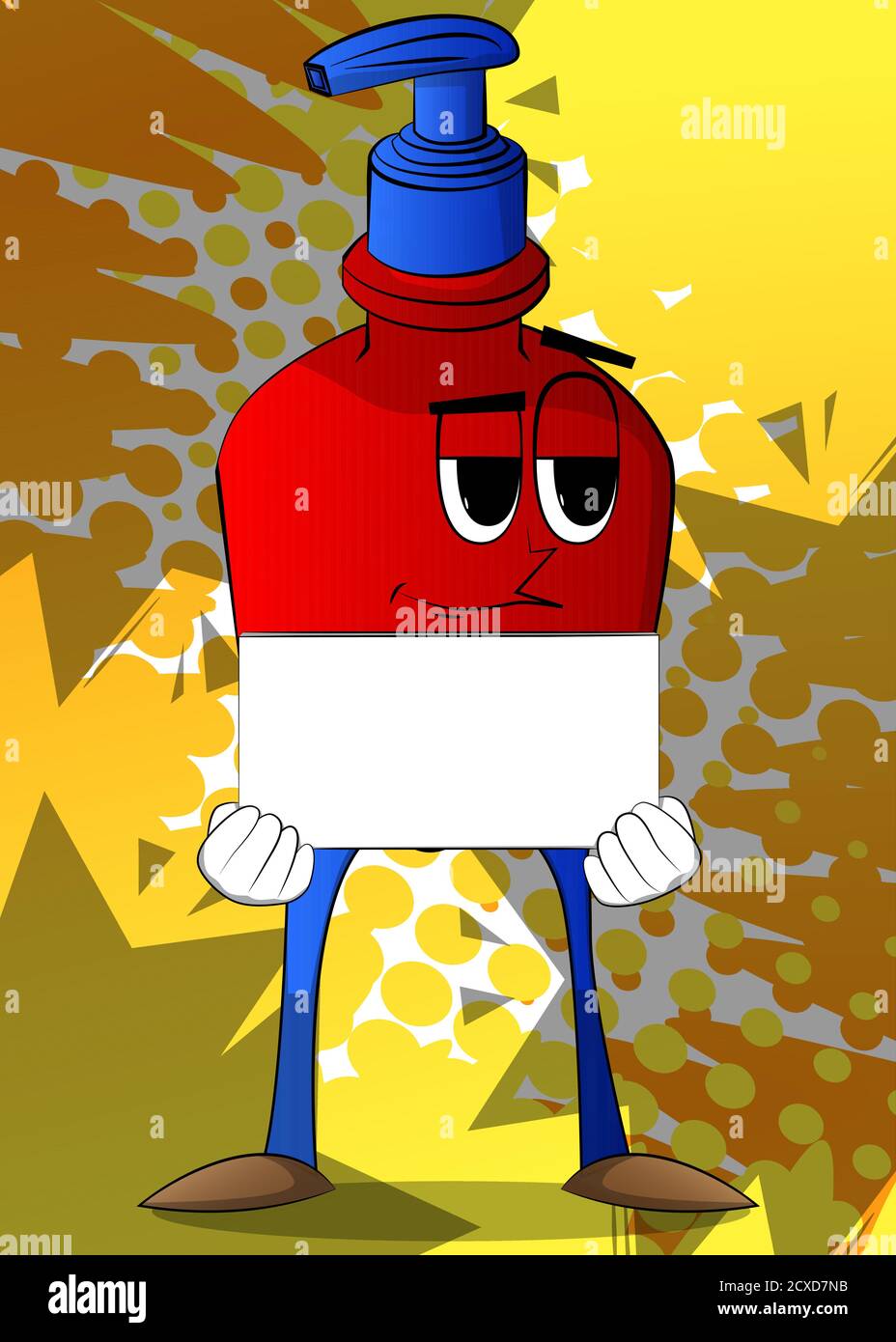 Cartoon bottle of hand sanitizer gel for hygiene with face holding big ...