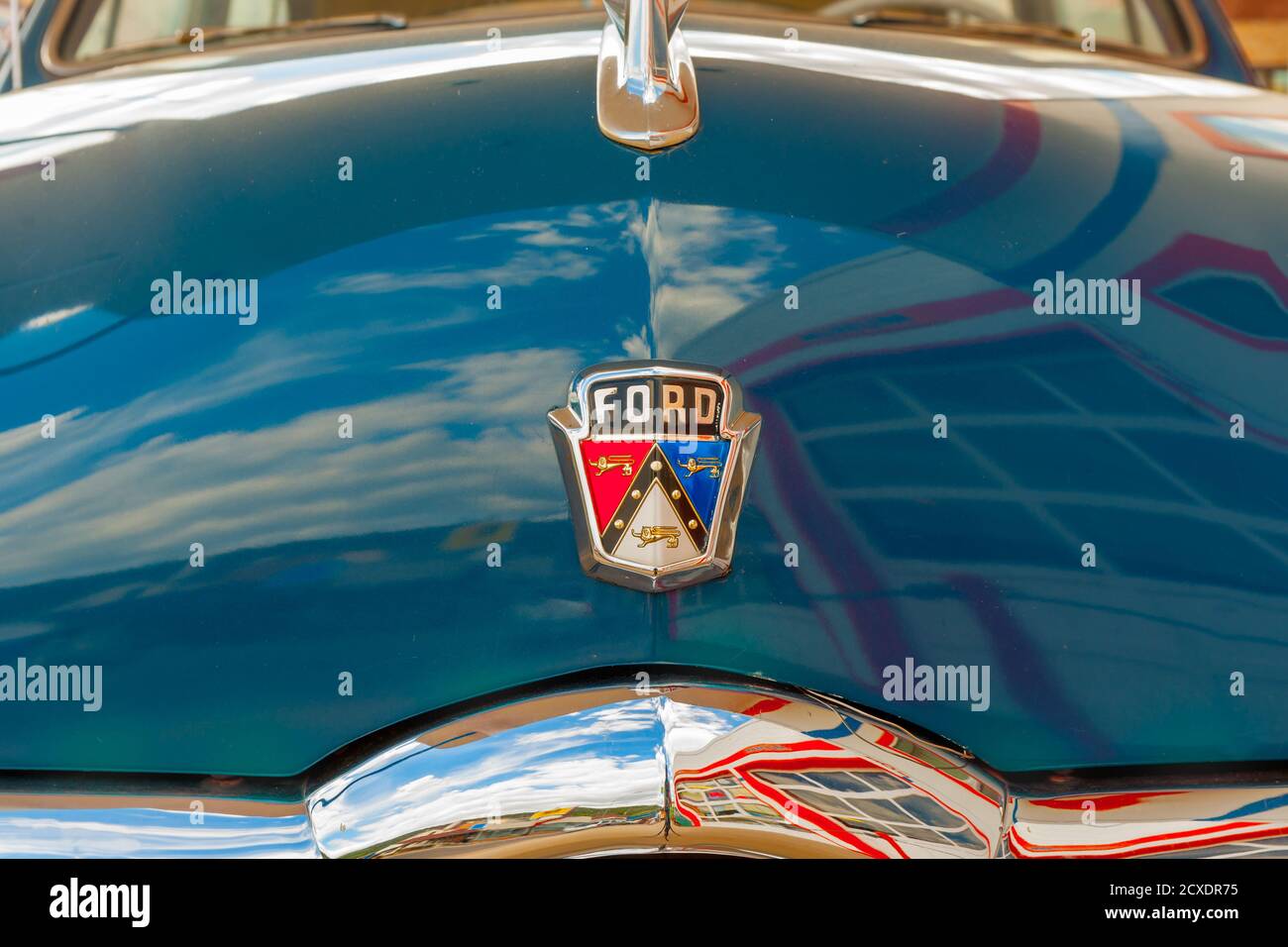 Williams, USA - September 29 2015; Famous Ford automobile badge on blue ...