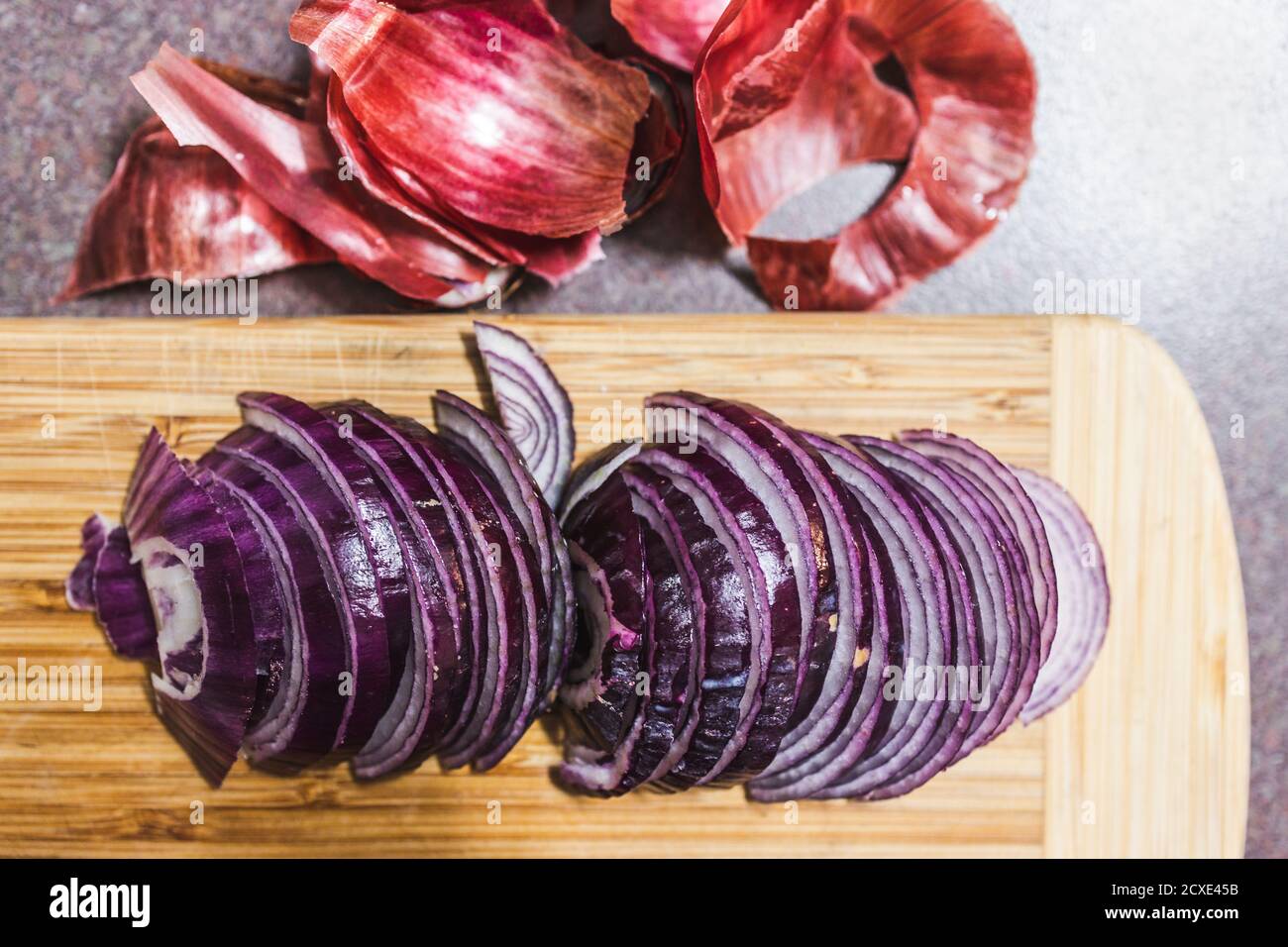 simple food ingredients concept, red spanish onion chopped into half ...