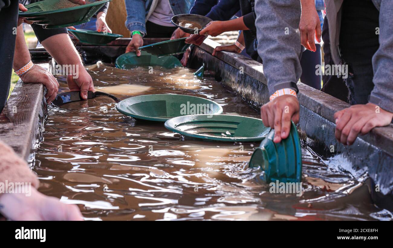 People washing gold particles in a large wooden bath using green ...