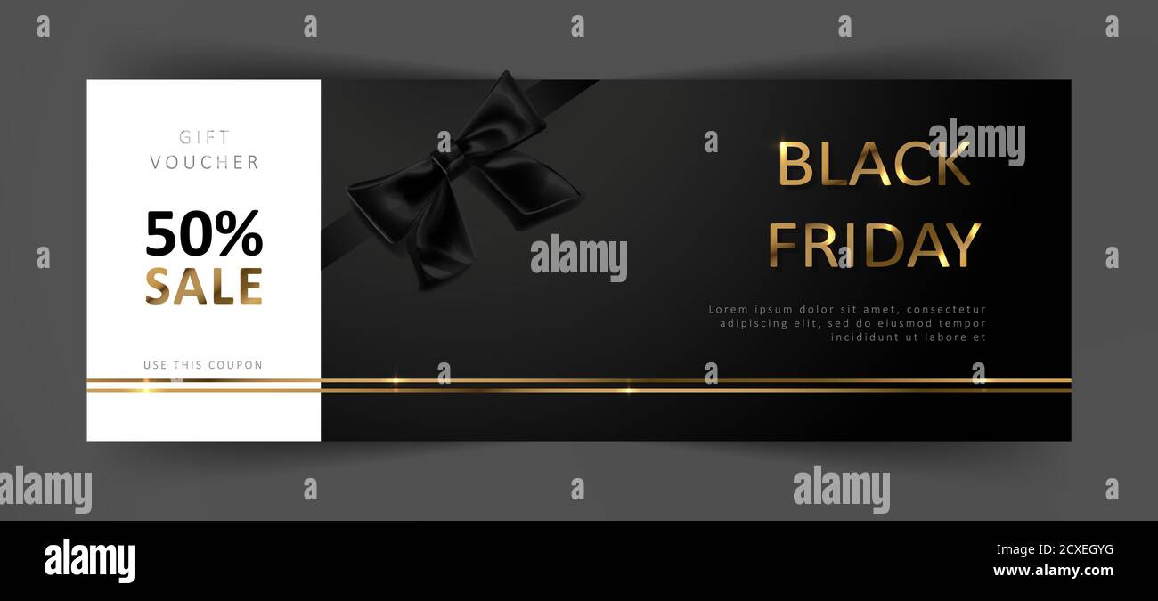 Black Friday gift voucher. Commercial discount coupon. Black background ...