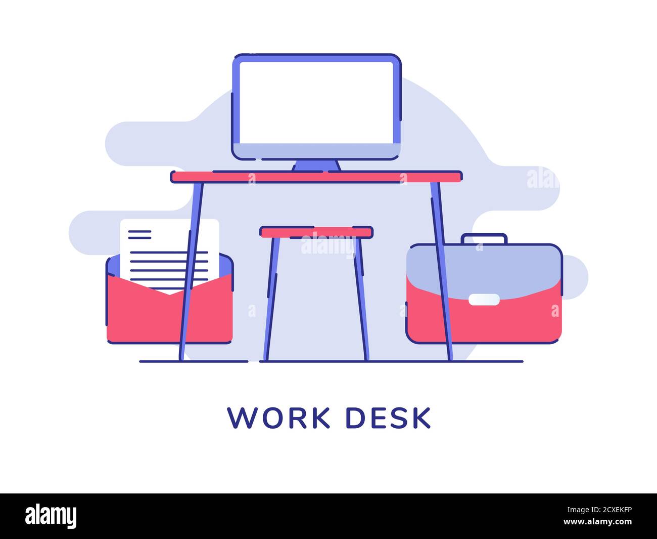 Work desk concept computer monitor on table chair suitcase open mail ...